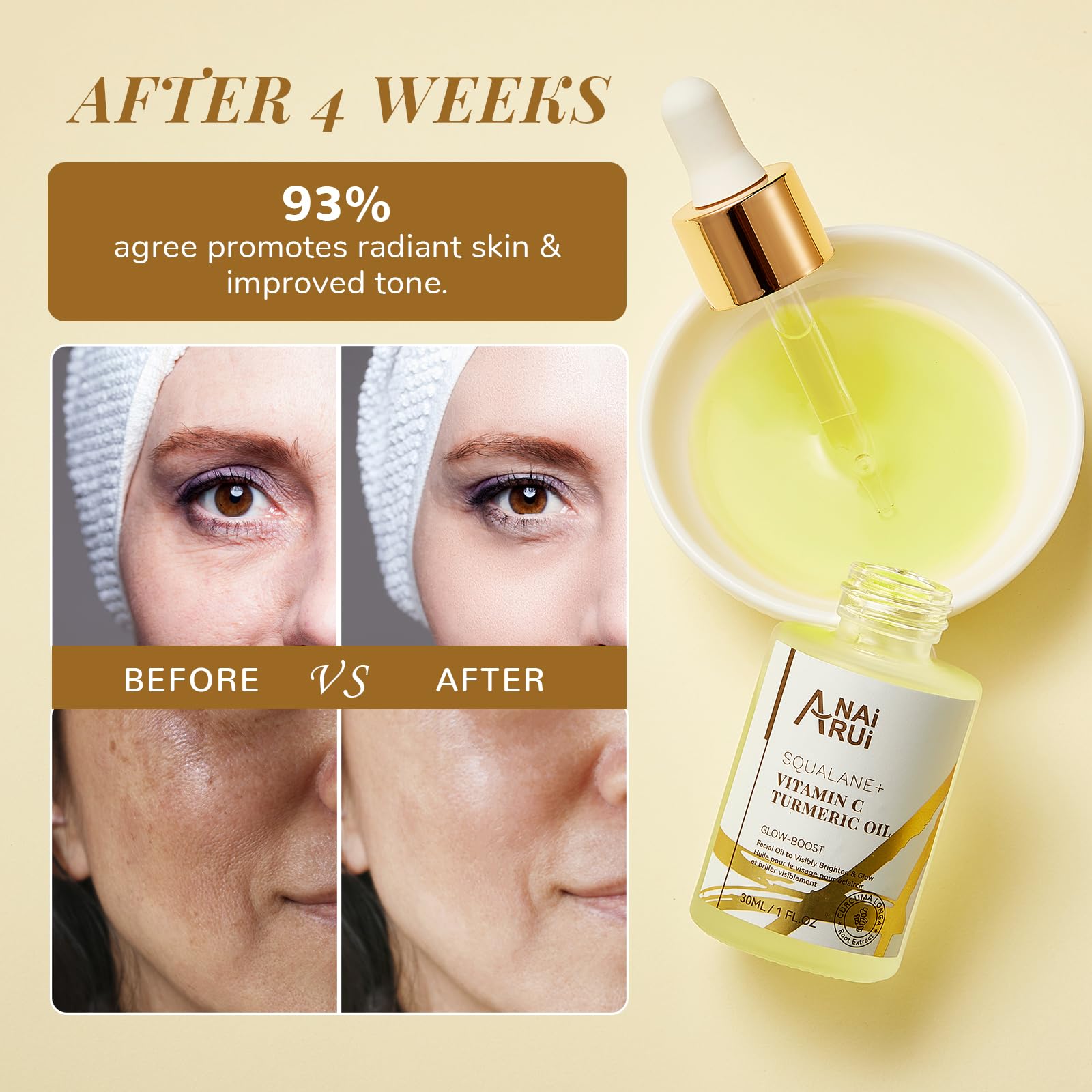 ANAI RUI Squalane Vitamin C Turmeric Facial Oil Moisturizer for Face, Hydrates, Firms Skin, 1fl.Oz.