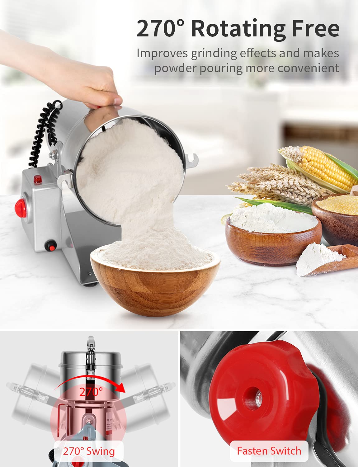 1000g Electric Grain Mill Grinder 2800W High Speed Powder Grinder Machine Stainless Steel Commercial Pulverizer Grinding Machine for Kitchen Pepper Coffee Corn