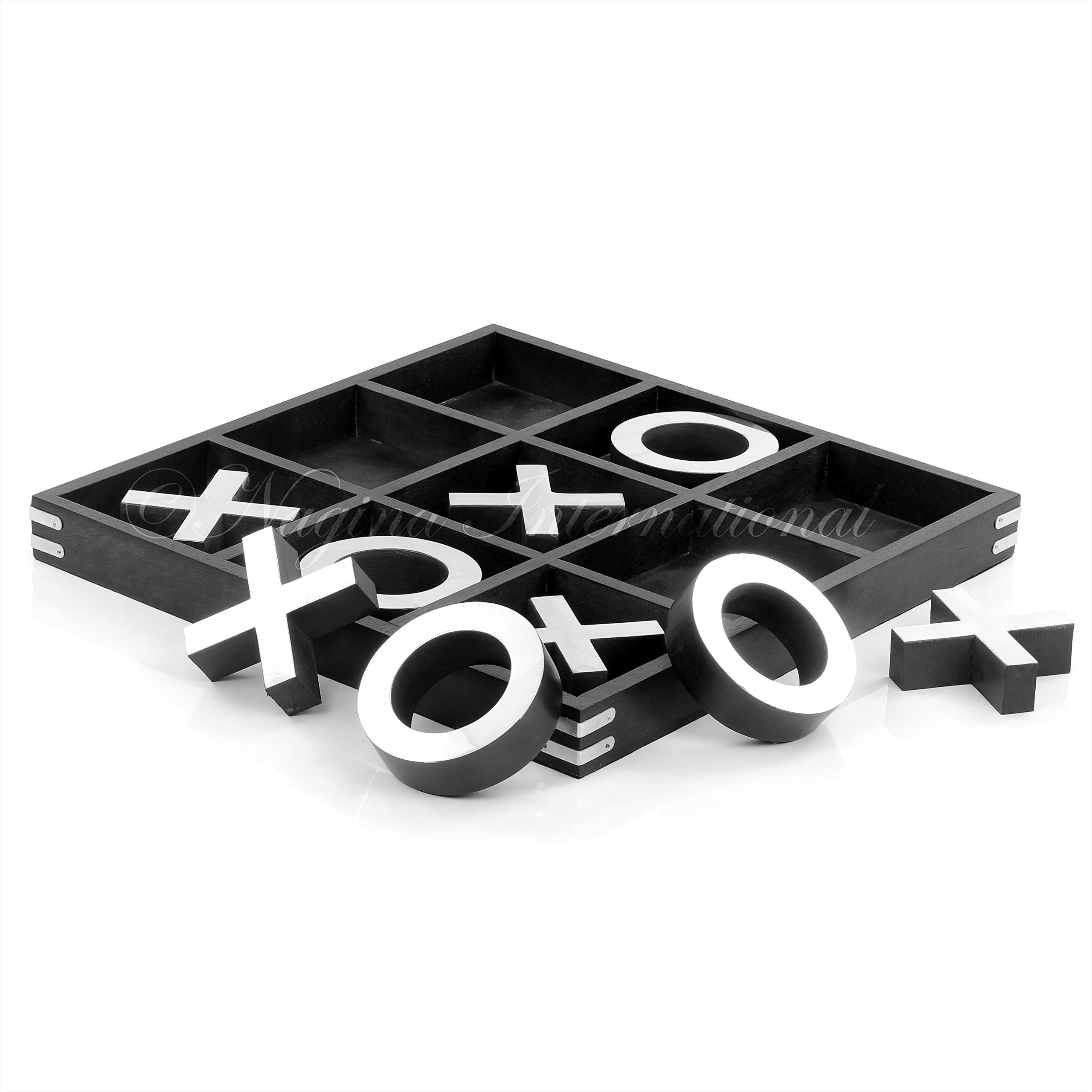 14" Large Elegant Premium Black Tic Tac Toe Board Game | Wooden Puzzle Game | Coffee Table Wooden Decor & Games with Nickel Sheathed Pieces