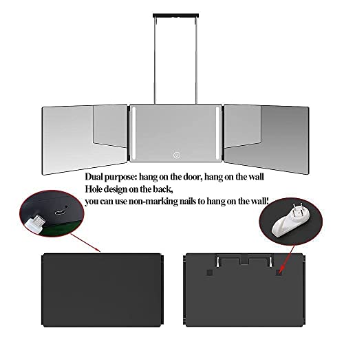 angilifan 3 Way Mirror for Hair Cutting, 360° Illuminated Trifold Makeup Mirror for Self Hair Styling, Adjustable DIY Haircutting Tool to Trim or Shave (with led)