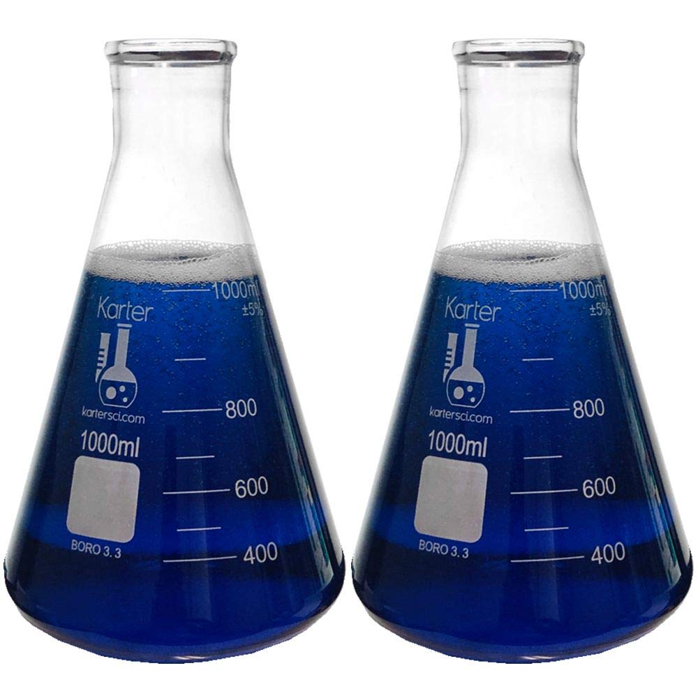 1000ml Narrow Mouth Erlenmeyer Flask, 3.3 Borosilicate Glass, Karter Scientific 223L1 (Pack of 2)