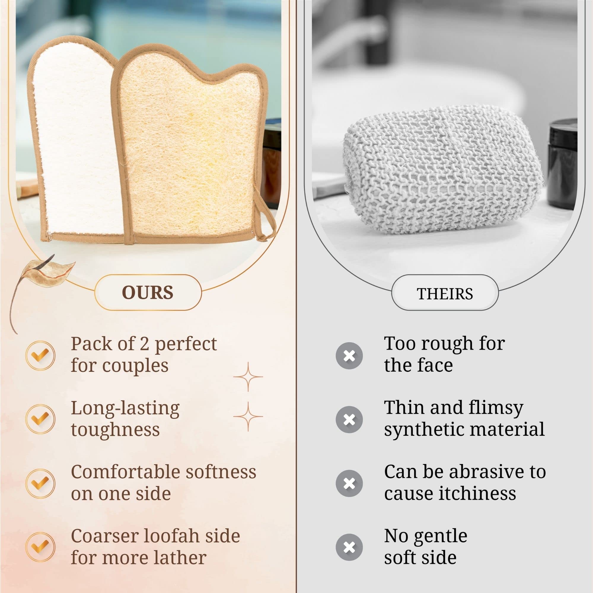 2 Exfoliating Body Scrubber Loofah Mittens Bath Sponge, All-Natural Egyptian Bath & Shower Exfoliating washcloth - Loofa Natural Sponge for Face, Back & Body, Eco Friendly and Biodegradable Loufa