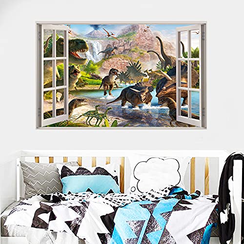 3D Watercolour Dinosaur World Fake Windows Wall Sticker,Peel and Stick Removable Decals for Kids Nursery Bedroom Playroom Living Room Decoration(27.55"x17.32")