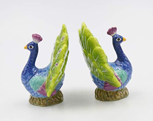 Fine Porcelain Peacock Open Fan Tail Salt & Pepper Shakers Set, 3-1/8" H