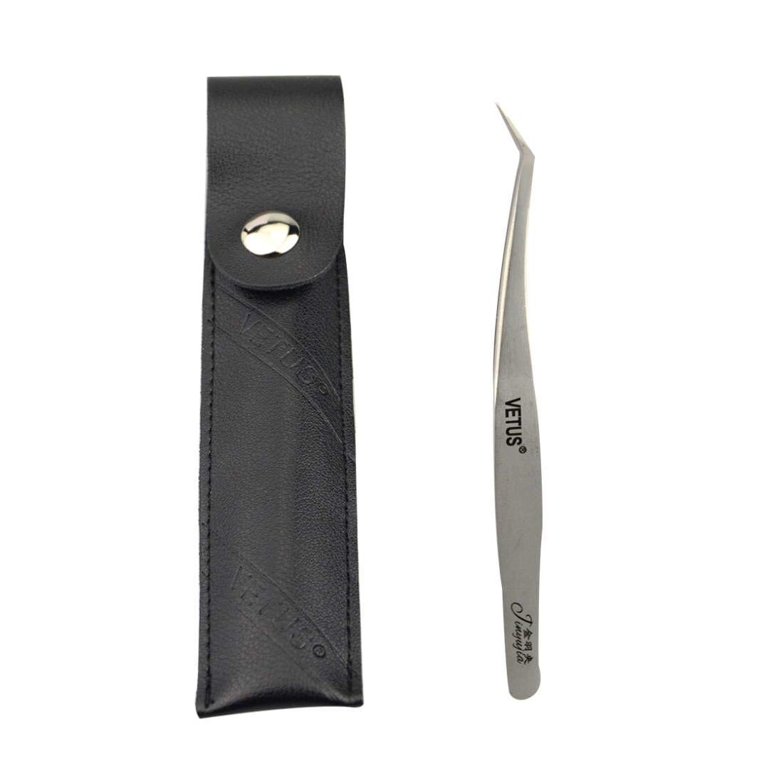 2 Pcs VETUS Eyelash Extension Tweezers Dolphin-shaped and Curved Tip Tweezers Professional Volume & Classic Tweezers Set with Black Leather Sheath(Jinyujia&Haitunjia)