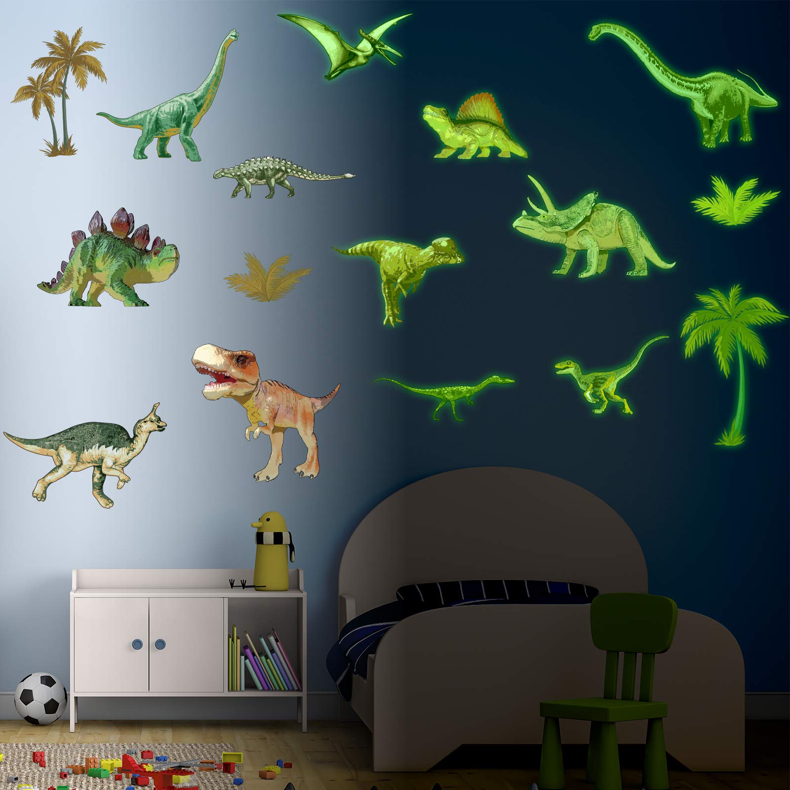 12 Pieces Glow in The Dark Dinosaur Wall Decals Dinosaur Glow Wall Stickers and 4 Pieces Coconut Trees Stickers for Kids Room Bedroom Living Room Classroom Home Decoration