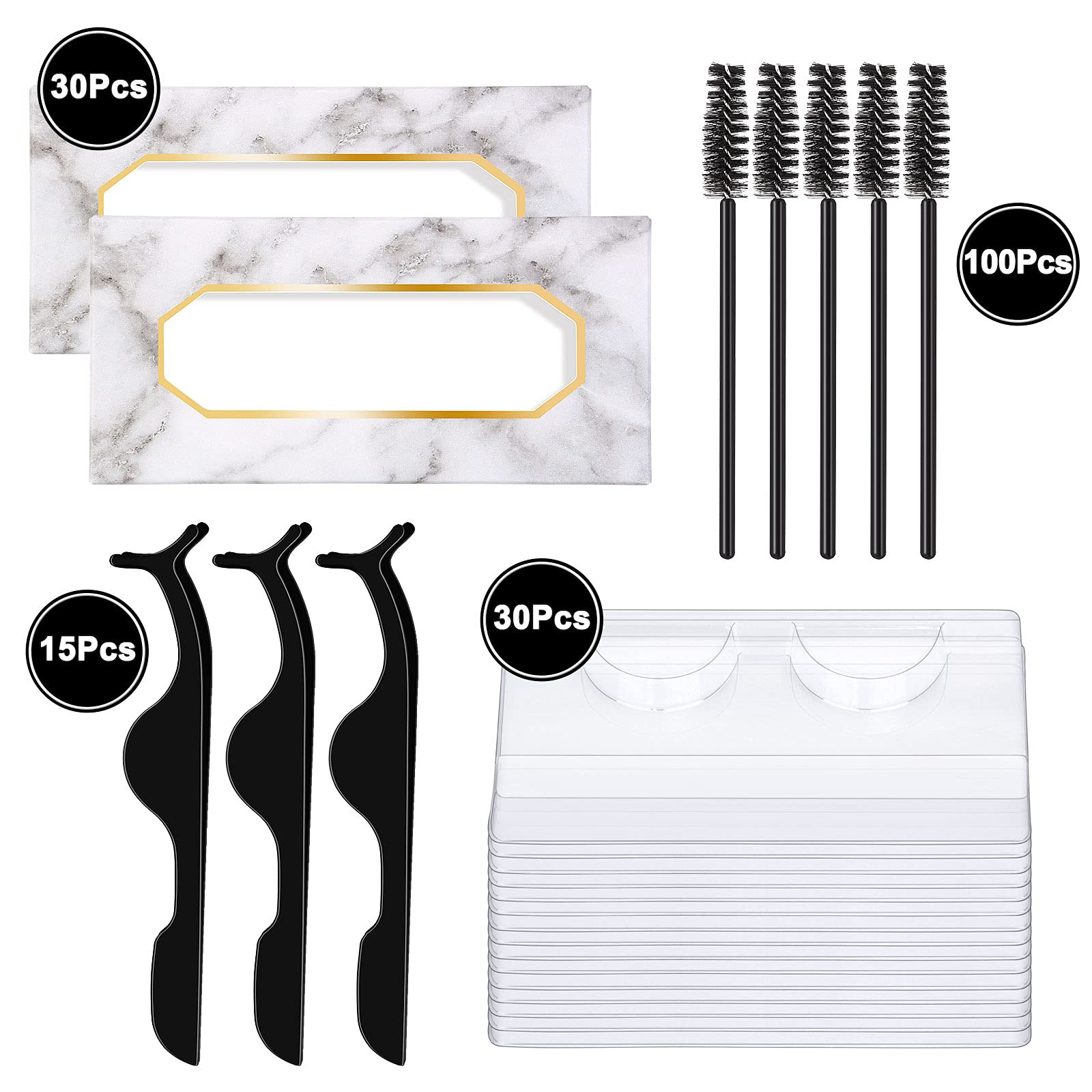 175 Pieces Lash Packaging Wholesale, Include 30 Empty Eyelashes Packaging Box, 30 False Lash Trays, 15 Eyelash Tweezers and 100 Eyelash Brush Mascara Wands Disposable (Marble)