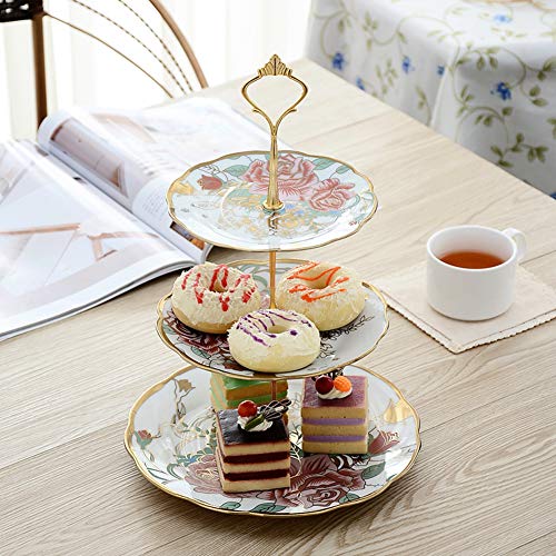 3-Layer Ceramic Cake Stand Dessert Plate Cupcake Fruit Candy Display Tower, Flower Dessert Stand, Children's Birthday Tea Party Baby Shower Serving Tray Small