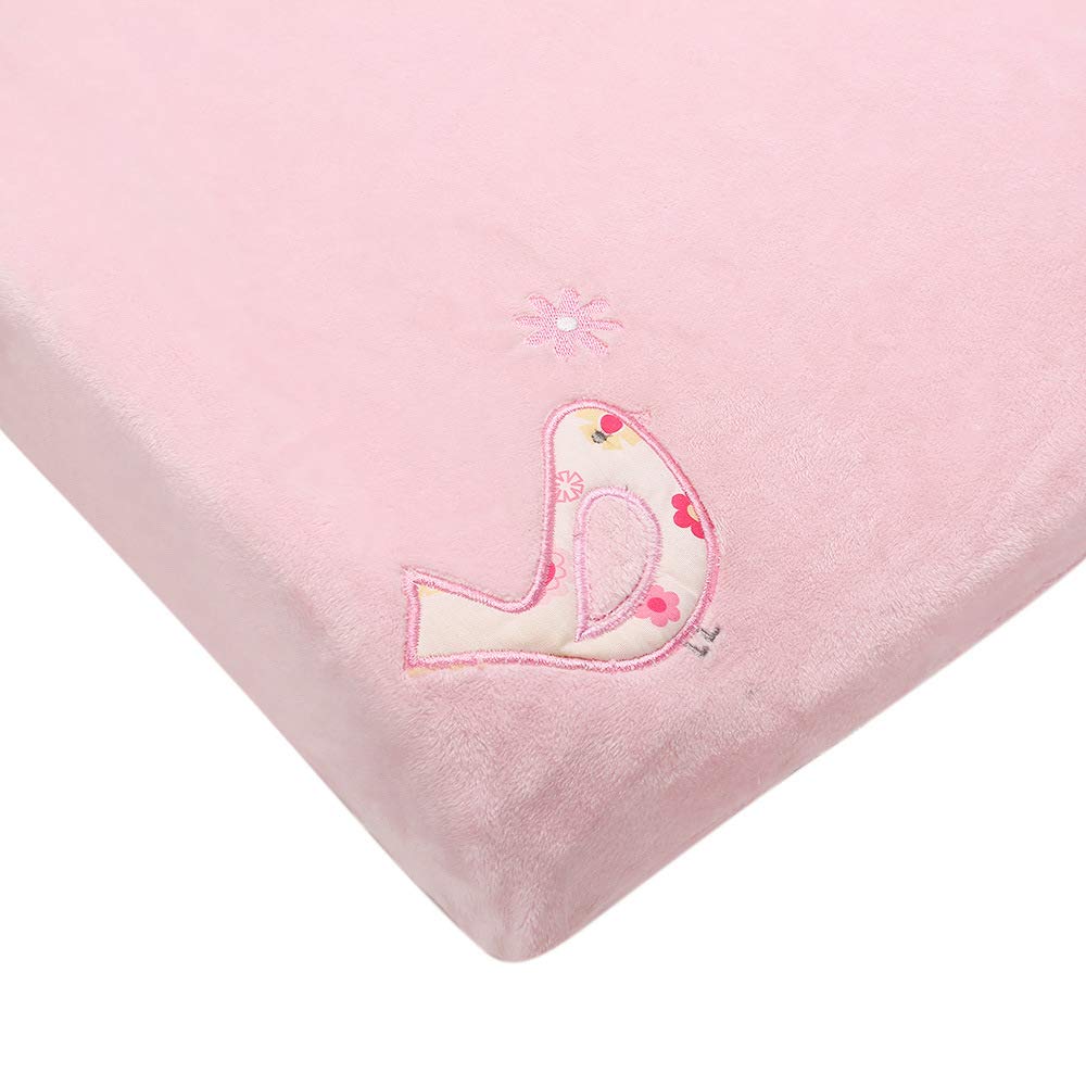 5 PCs Pink Floral Nursery Crib Bedding Set Embroidery Birds Flower Baby Girl Cot Bedding Set Quilt + Fitted Sheet + Skirt + Window Valance + Changing Pad Sheet