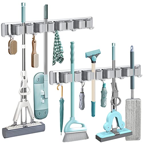 2 Pack Mop Broom Holder Wall Mount, Garden Tool Storage Organizer, Wall Hanger Hooks Rack for Home, Metal Aluminum Garage Laundry Room Organization and Storage, Silver (4 Slots&5 Hooks)