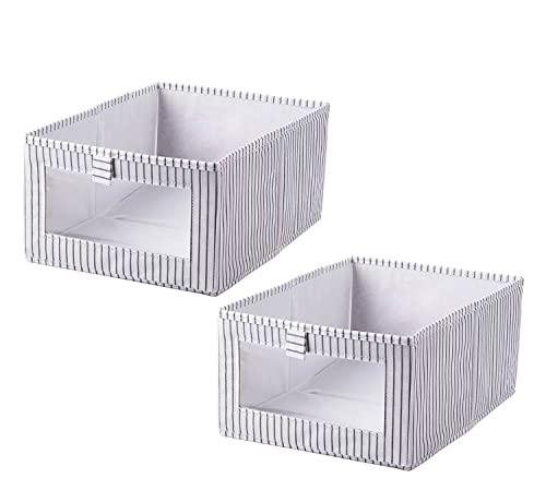 2 Pack Open Storage Bins, Washable & Visible Closet Clothing Organizer with Window. Foldable Fabric Baskets for Clothes, Towel, DVD, Book (Large White stripe)