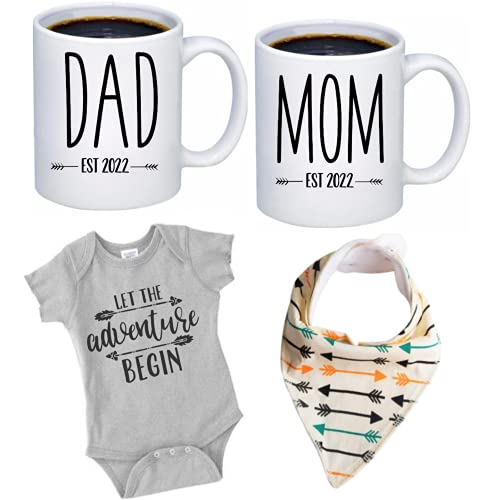 Pregnancy Gift Est 2022 - New Mom and Dad Est 2022 11 oz Mug Heart Set with"Let Adventure Begin" Romper (0-3 Months) - Top Mom and Dad Gift Set for New and Expecting Parents to Be - Baby Shower