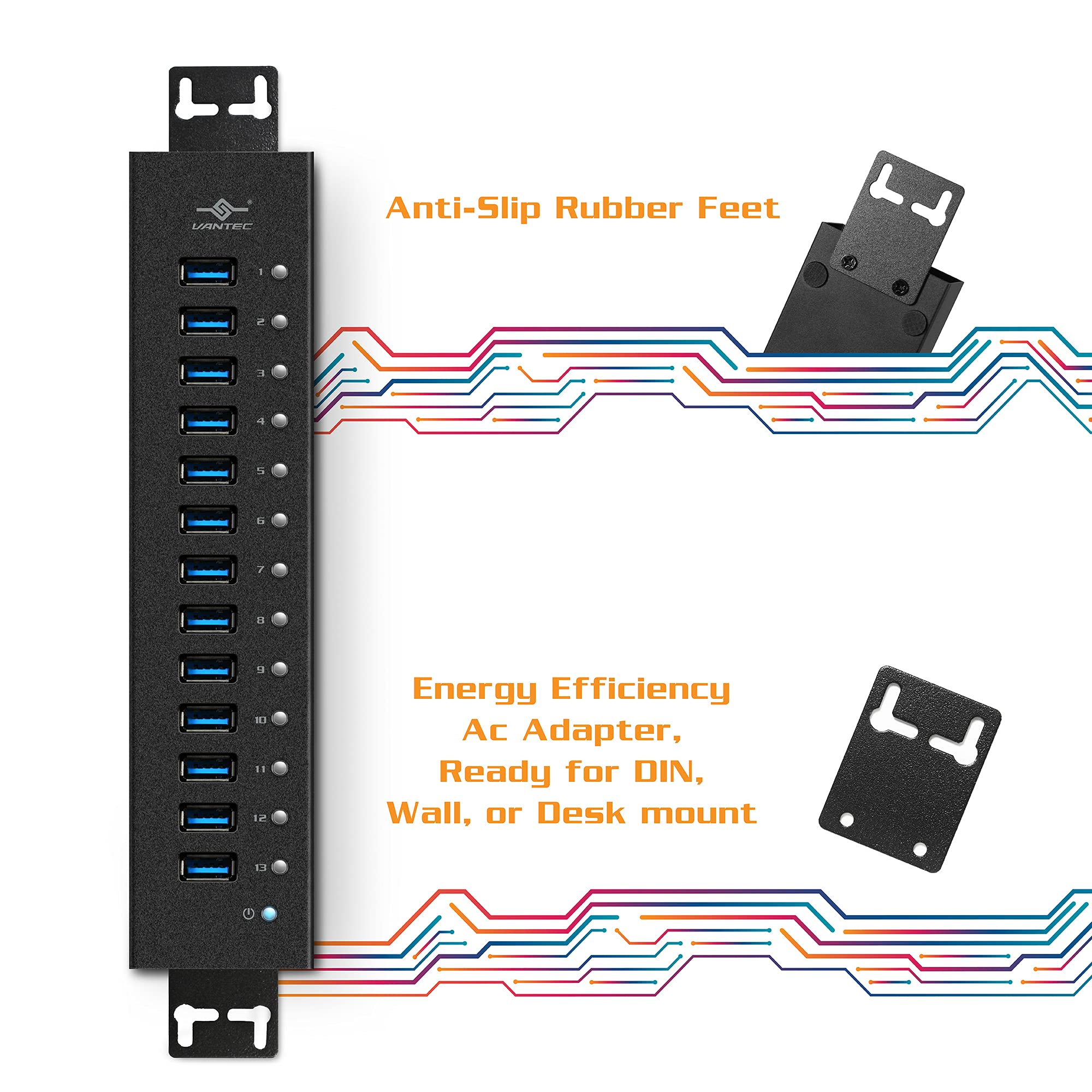 13-Port USB 3.0 Aluminum Hub (All Data/Charging BC 1.2), 12V/5A Premium Power Adapter (UGT-AH131U3-BK)