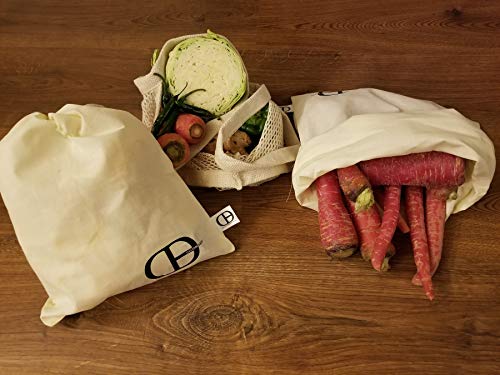 6 piece Set of Reusable Eco-Friendly 100% Cotton Muslin and Mesh Produce bags includes M, L, XL sizes