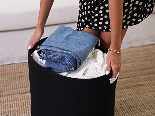 16"x13"x22" Extra Large Rectangular Storage Basket, Cotton Rope Storage Baskets, Woven Laundry Hamper, Toy Storage Bin, for Toys Blanket in Living Room, Baby Nursery, All Black