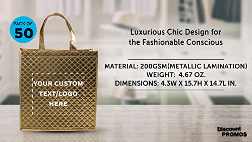 DISCOUNT PROMOS Custom Luxurious Laminated Tote Bags Set of 50, Personalized Bulk Pack - Reusable, Great for Shopping, Beach, Wedding Favors - Gold