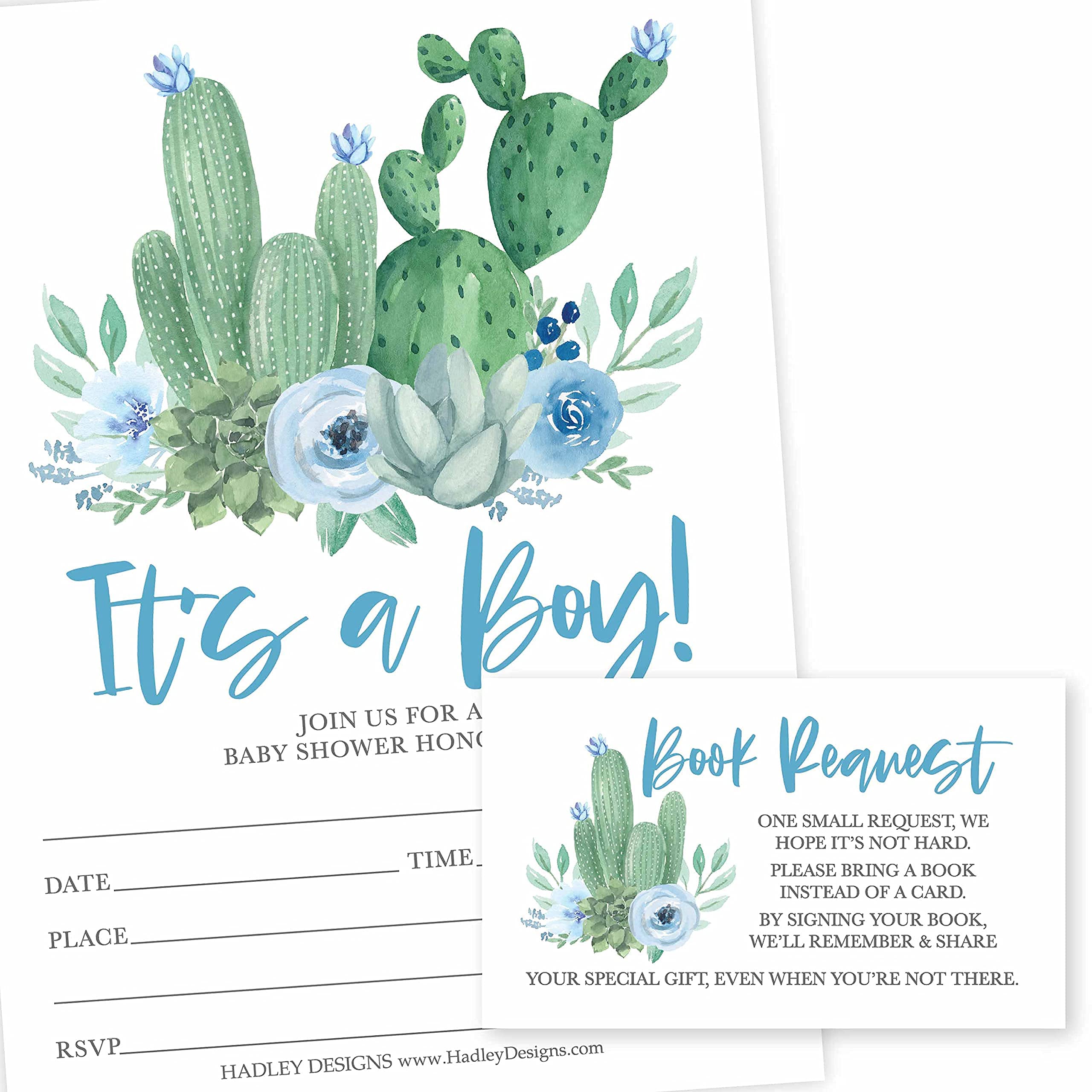 25 Blue Cactus Baby Shower Invitations, 25 Books For Baby Shower Request Cards, Sprinkle Invite Boy, Bring A Book Instead Of A Card, Baby Shower Invitation Inserts Baby Shower Guest Book Alternative