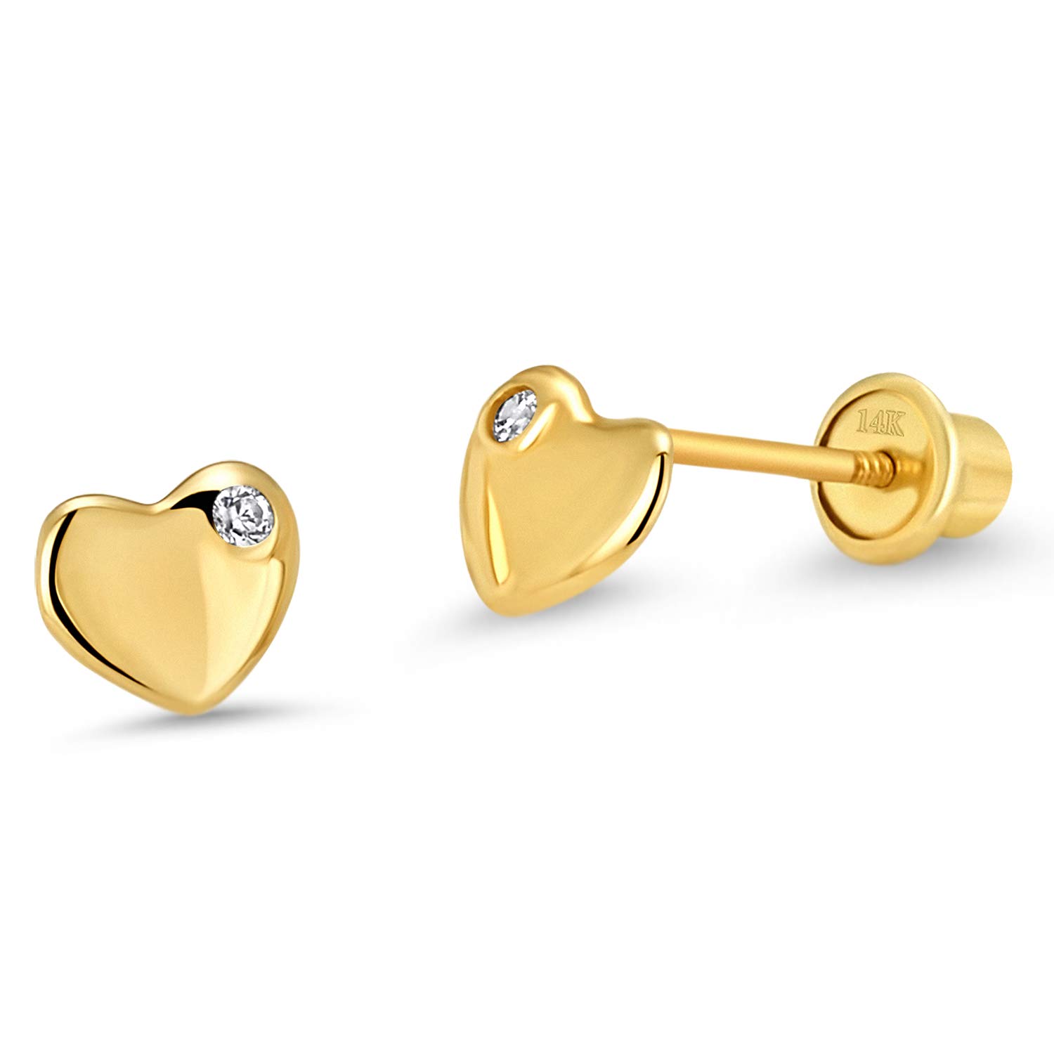 14k Yellow Gold Plain Heart Cubic Zirconia Children Screwback Baby Girls Stud Earrings