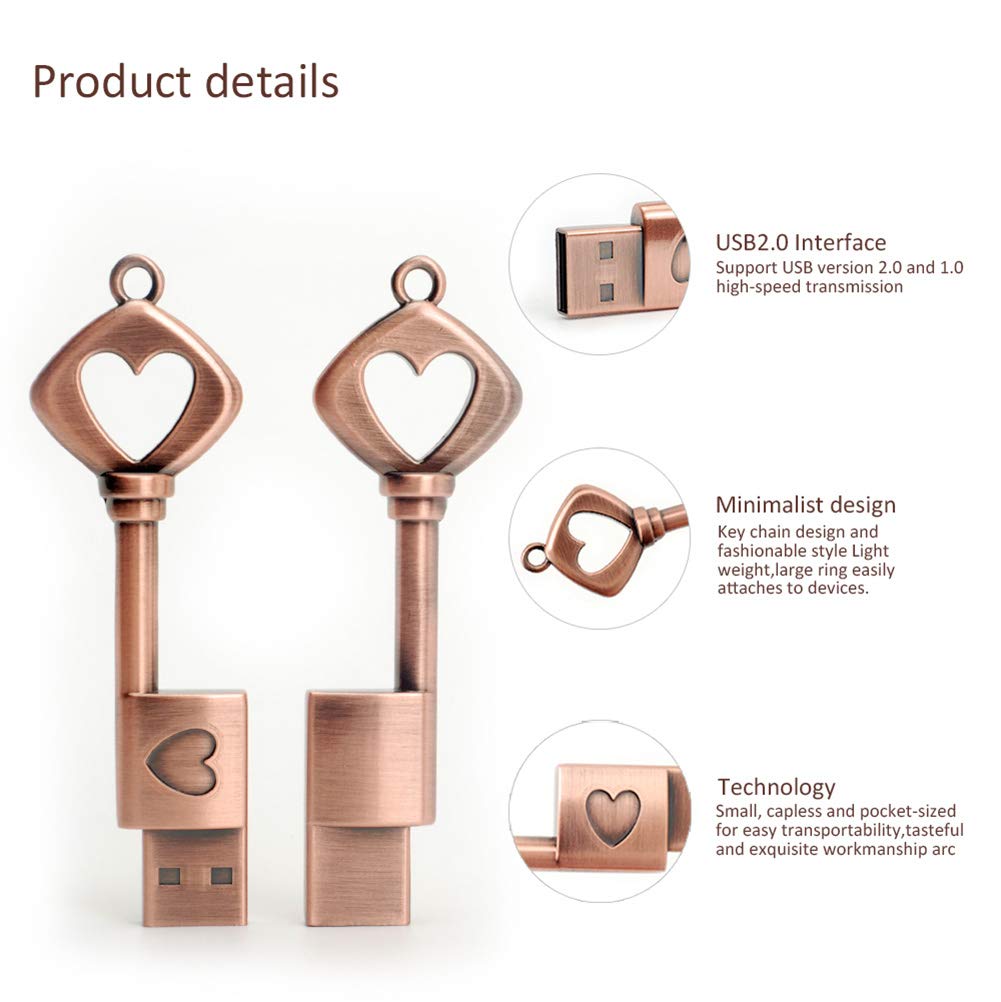 64GB USB 2.0 Flash Drive, BorlterClamp Memory Stick Retro Metal Love Heart Key Shaped Thumb Drive