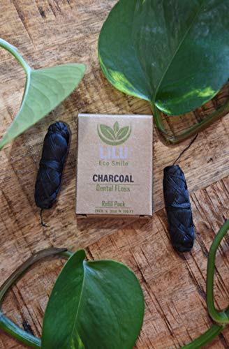 2 Refill Pack LILU Organic Vegan Bamboo Charcoal Dental Floss Refills | with Tea Tree and Peppermint Essential Oils | 2 X 100ft 33m Naturally Waxed | Eco-Friendly Zero Waste