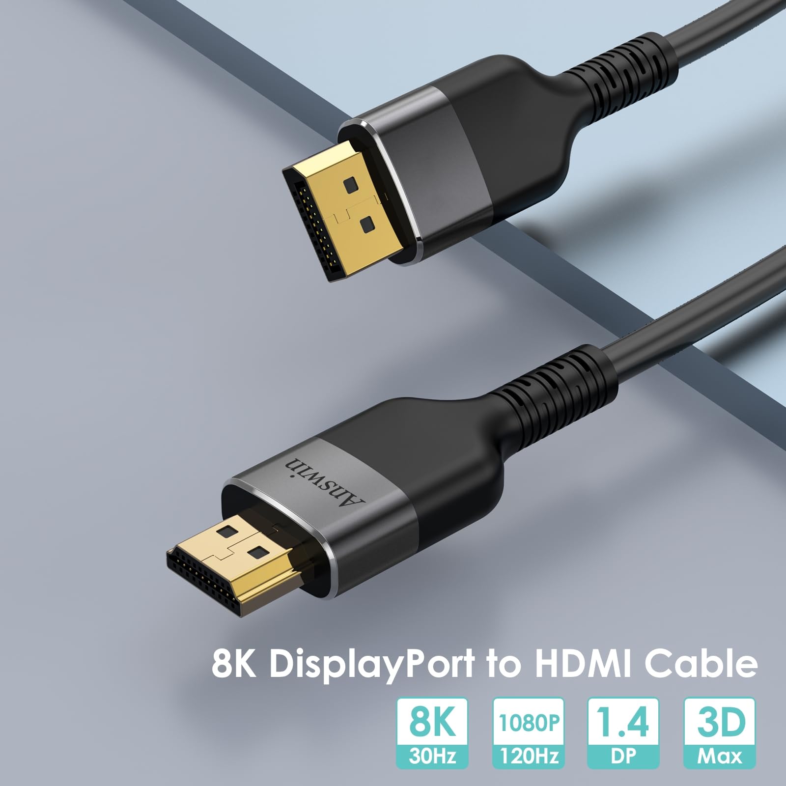 Answin DisplayPort to HDMI, 8K@30Hz DisplayPort to HDMI Cable(4K@60Hz, 2K@165Hz/144Hz) UniDirectional DP to HDMI Cable Compatible for PC, HP, DELL, GPU, AMD, NVIDIA and More-6ft