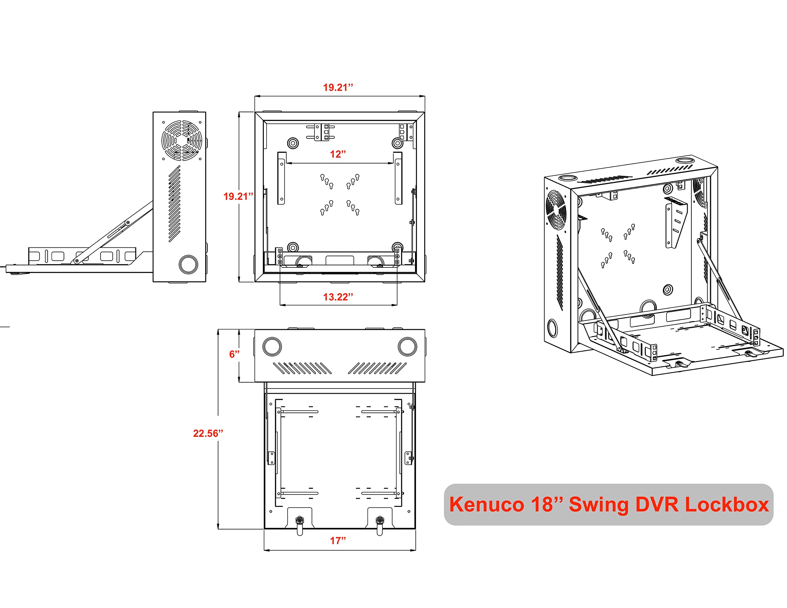 Kenuco Heavy Duty 16 Gauge Steel DVR Security Lockbox with Fan and Swing Open Top (18'' x 18'' x 5'' Black)