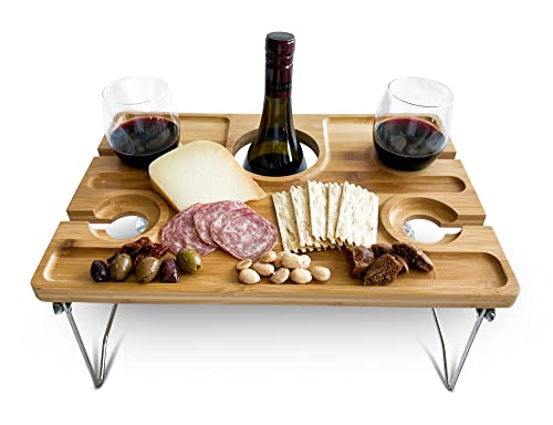 Comfort Theory Bamboo Wine Picnic Table | Collapsible Tray for Indoor & Outdoor Use | Perfect Wine Lover Gift | Folding Table with Wine Glass & Hard Seltzer Can Holders | Wine & Cheese Server
