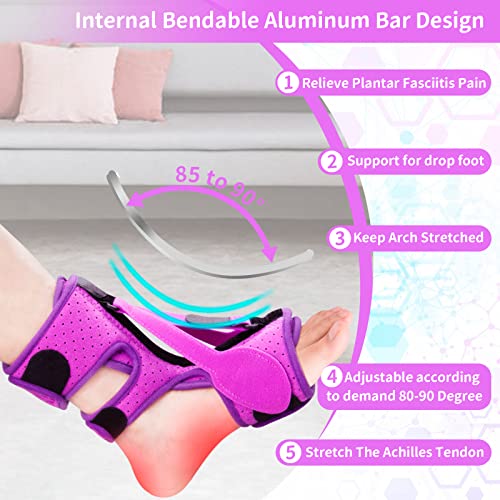 2 Pack Plantar Fasciitis Night Splint with 3 Fixing Straps, Adjustable Achilles Tendonitis Relief Night Splints for Plantar Fasciitis, Foot Drop Ankle Pain, Heel Pain, Achilles Tendonitis(Purple)
