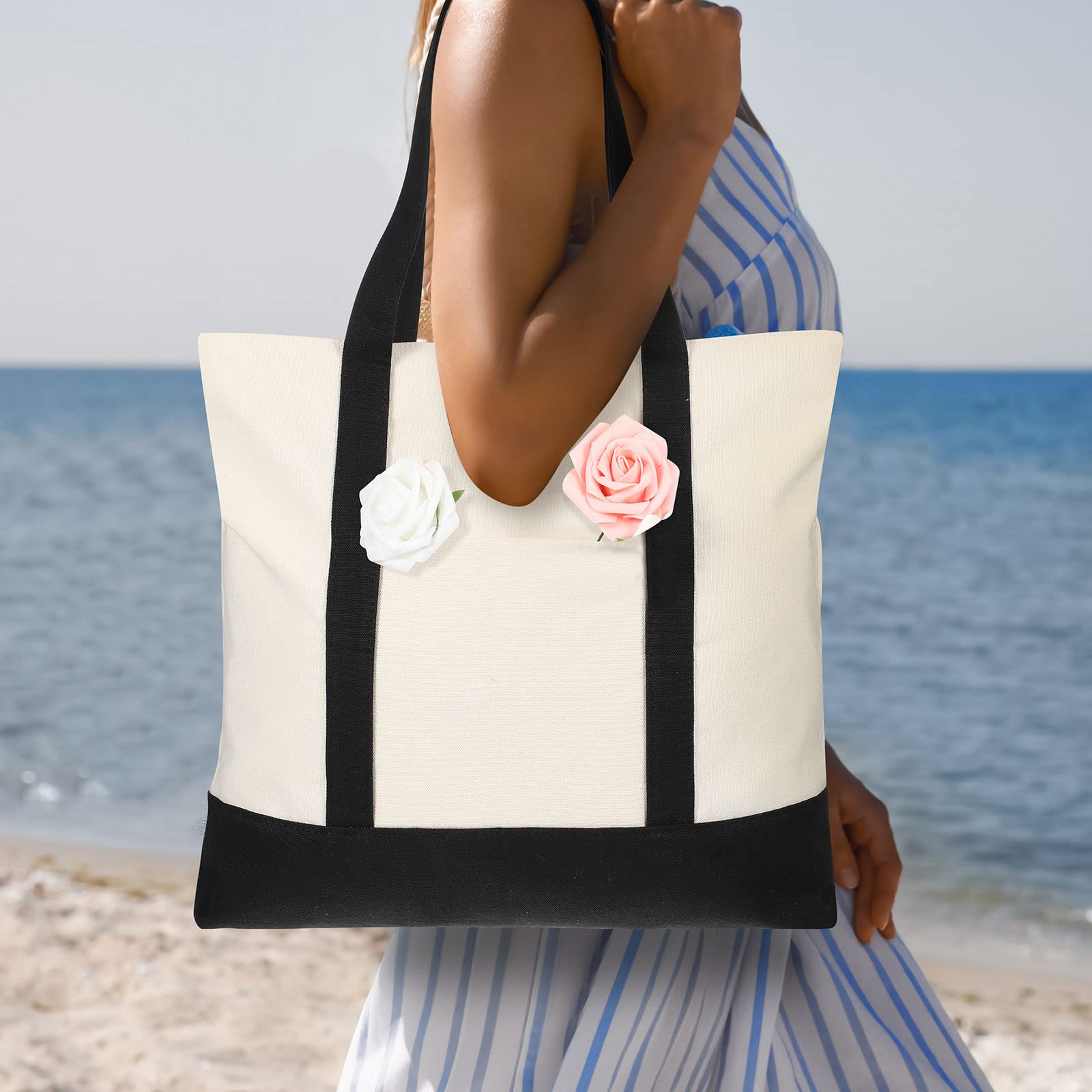 12 Pcs Canvas Tote Bag Bulk with Outer Pocket, 21 in Large Cotton Tote Beach Bags with Zipper Washable Shopping Bags (Black)