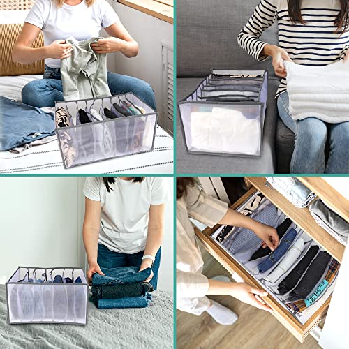 2 Pcs Wardrobe Clothes Organizer Upgrade Foldable Pants Clothes Drawer Organizers Large Washable Compartment Storage Box for Jeans T-shirts Leggings(7 Grids)