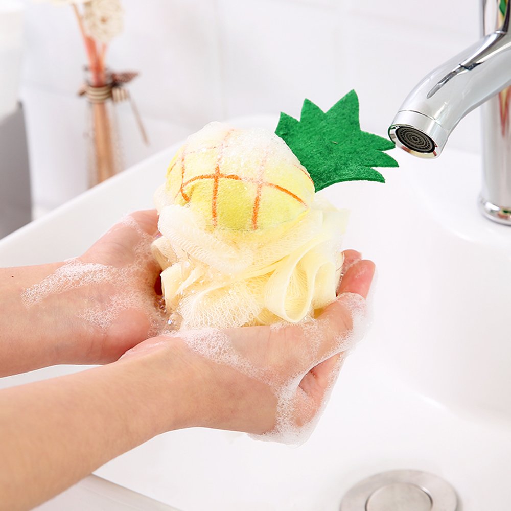 3 Pack Shower Sponge Poufs/Mesh Bath Loofahs Ball, Body Cleaning Washing Scrubber / 2 in 1 Cute Fruits Shaped Bathroom Bubbler Accessory for Dry Skin Exfoliating, Cellulite, Massage