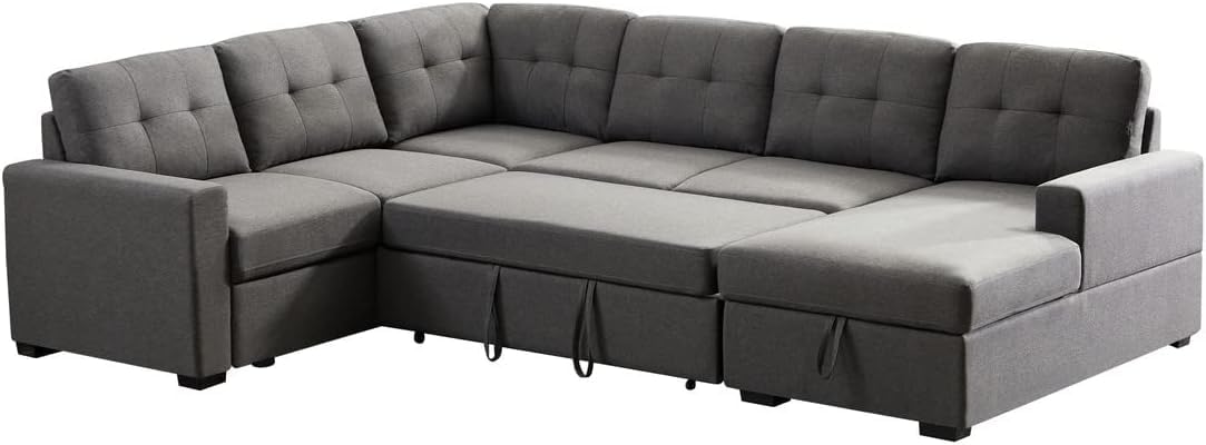 114" U-Shaped Tufted Upholstered Sleeper Sectional Sofa W/Pull Out Couch Bed and Left Storage Chaise, 6 Seaters Corner Sofa & Couch Convertible Oversized Sleep Sofabed for Home Apartment Living Room