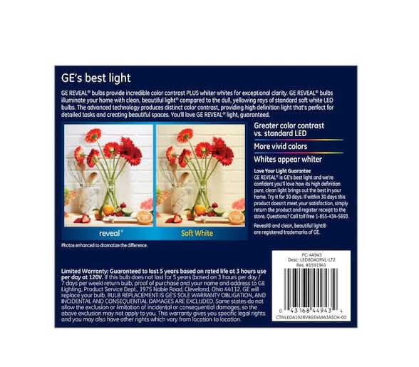 GE Lighting GE Reveal LED Light Bulbs, 2X Life, 8 Watt (60 Equivalent) HD+ Light, Standard Bulb Shape, Medium Base, Dimmable (2 Pack)