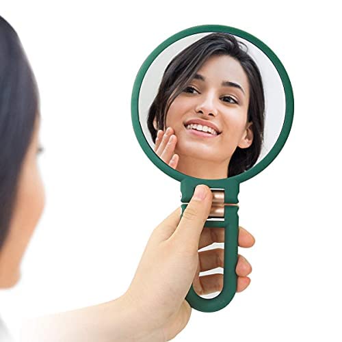 1X 15X Magnifying Hand Held Mirror,Double Side Folding Hand Mirror for Women with Adjustable Handle,Travel Table Desk Shaving Bathroom (Army Green)
