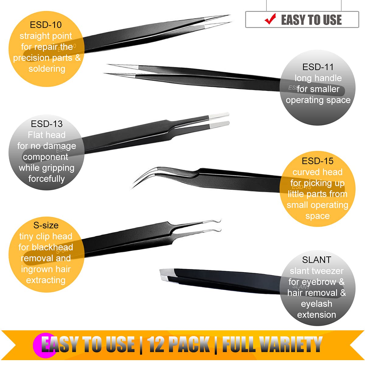 Antonki 12 Pack Precision Tweezers Set, Point and Slant Metal Tweezer Kits for Craft, Soldering, Jewelry, Ingrown Hair, Eyelash Extension, Eyebrow - with Case