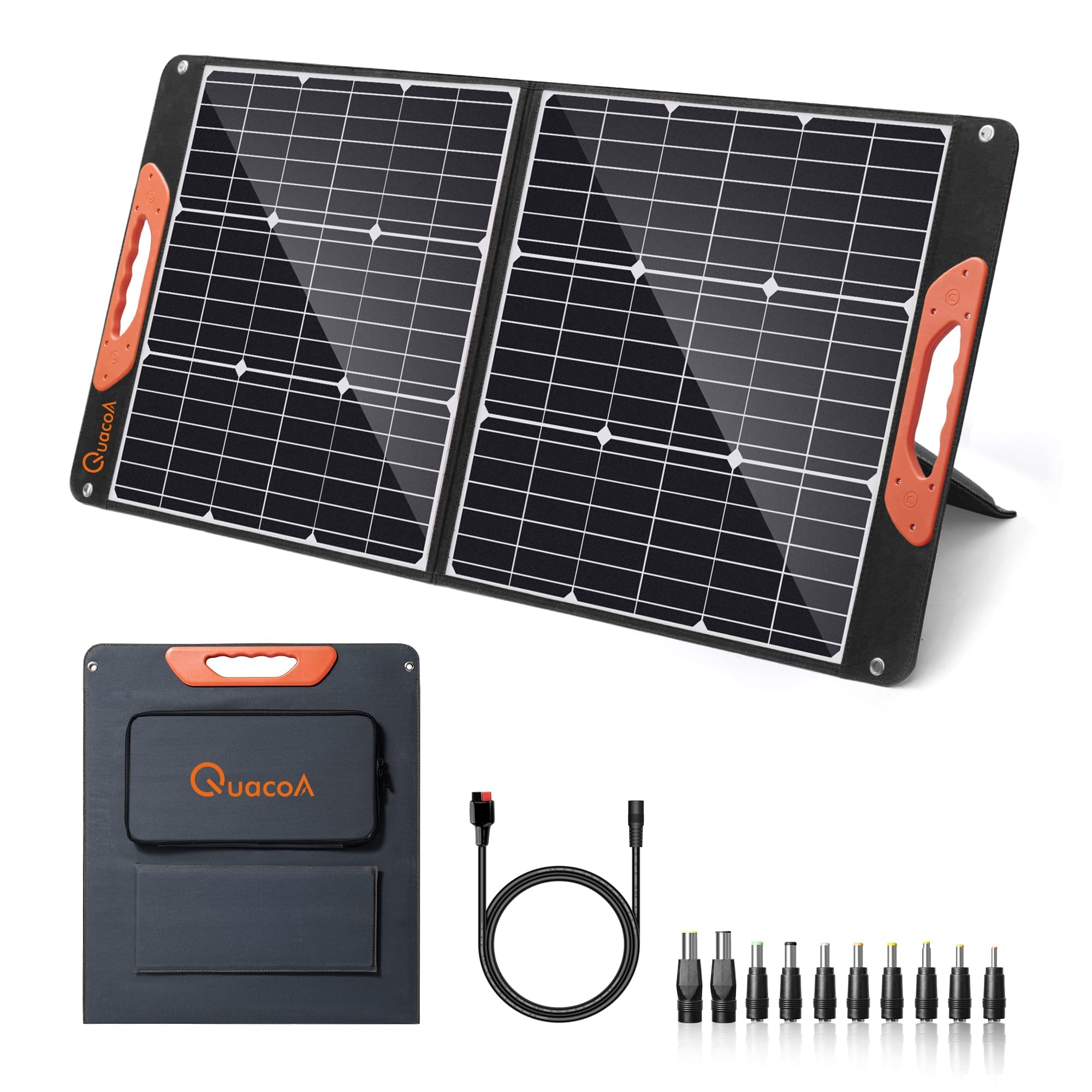 100W Portable Solar Panel, QUACOA Foldable 100 Watt Solar Panel Power Charger for Power Station, Monocrystalline Solar System Complete kit for Camping Boat Emergency Backup with 5V USB 18V DC Output