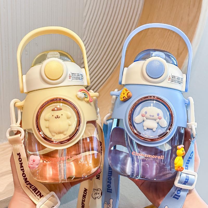28 oz Kawaii Water Bottle for Girls, Cute Water Bottles with Straw and Shoulder Strap, Large Capacity Portable Summer Leak Proof Water Bottle for Kids,820ML (Blue)