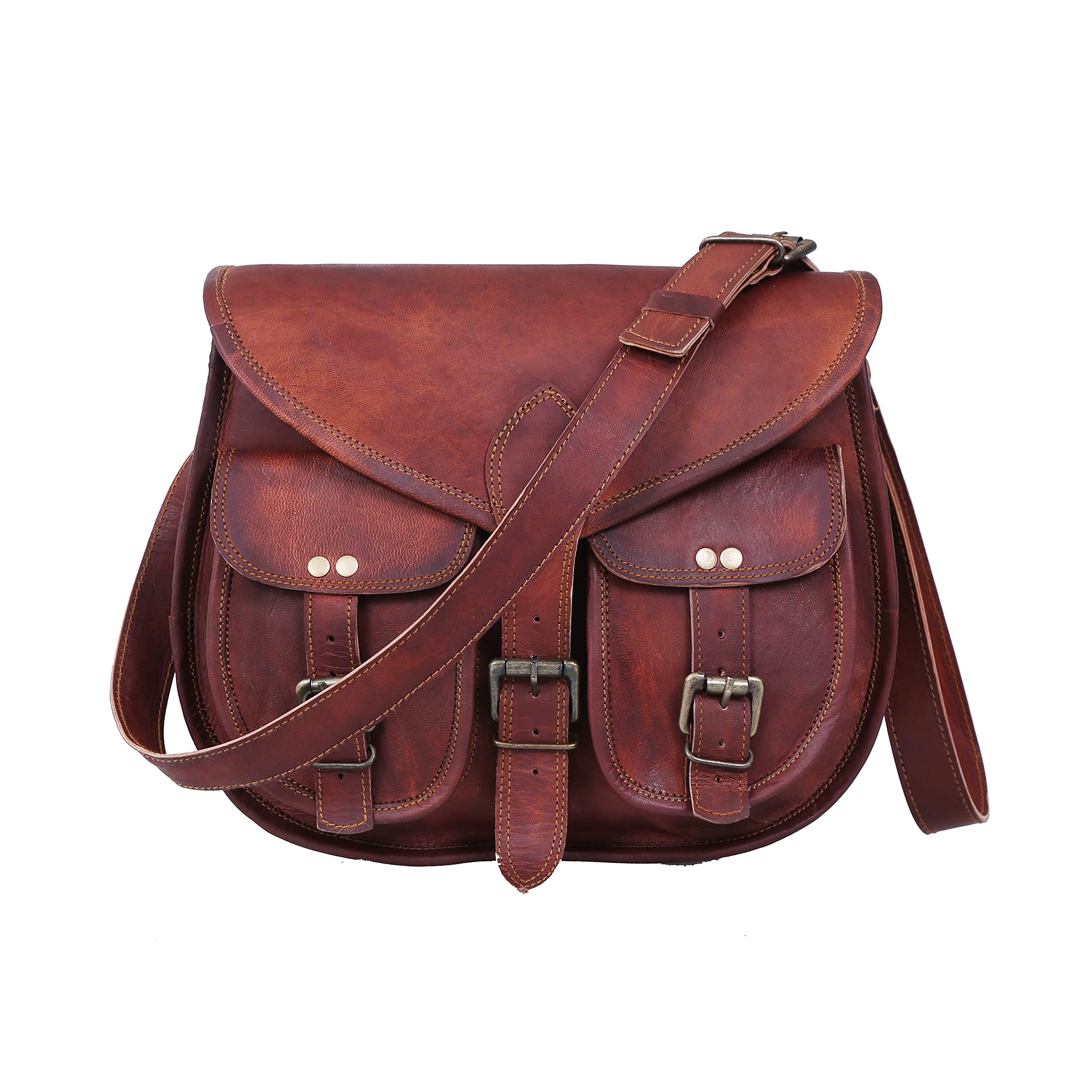 13 Inch vintage crossbody bags, vintage leather satchel for women, saddlebag purses for women, leather saddle purse, brown crossbody bag, Purse for women, crossbody tote (Brown - Goat Leather)
