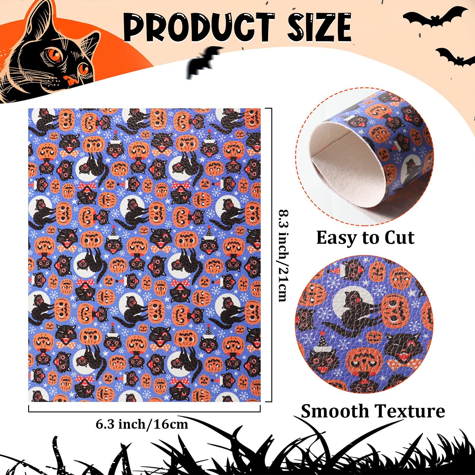 16 Pieces Halloween Faux Leather Sheets Pumpkin Printed Leather Fabric Sheets Ghost Spider Bat Faux Leather Fabric Glitter Sequin Synthetic Leather Sheet, 8.3 x 6.3 Inch for Halloween DIY Craft Decor
