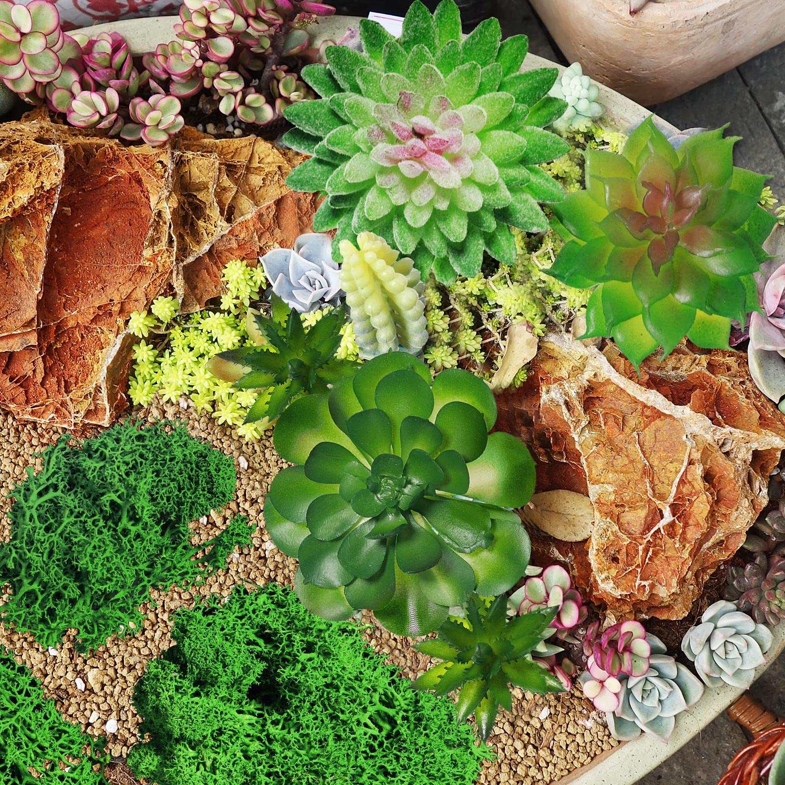 14 Pcs Mini Artificial Succulents Plants Picks,Flocked Faux Succulent Plants, Fake Succulents Plant with Succulent Moss,Realistic Textured Aloe for Home Office Table Garden Decoration