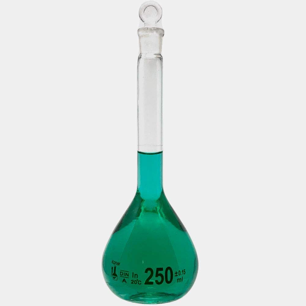 250ml Volumetric Flask, 3.3 Boro Glass, Class A, Ground Stopper, Karter Scientific 213W6 (Pack of 2)