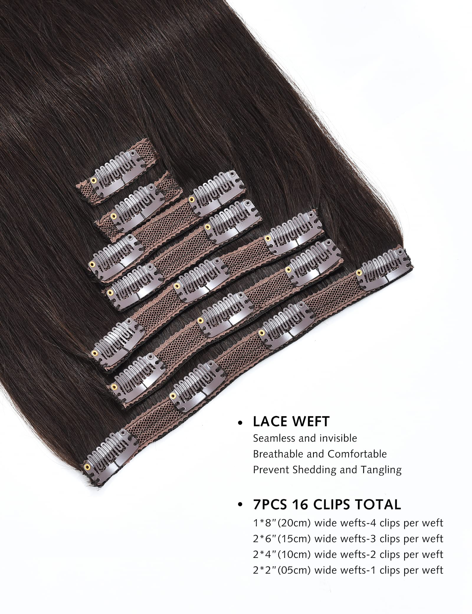 Yamel Remy Clip in Hair Extensions Human Hair 7Pcs 16 Clips Real Human Hair Extensions Clip Dark Brown