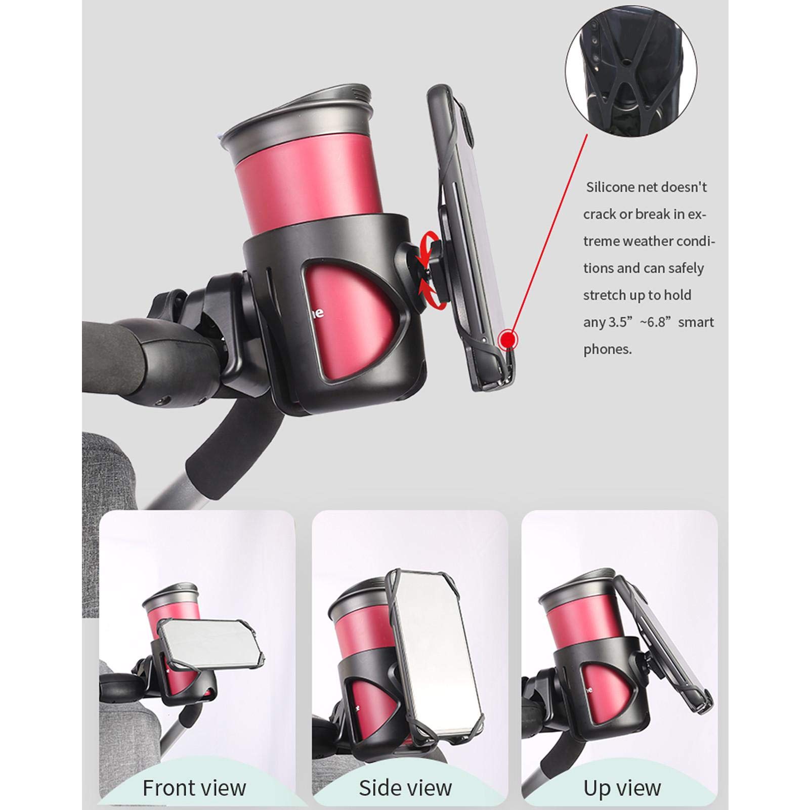 2 in 1 Stroller Cup Holders, 360 Degrees Rotation Universal Cup Holder Rack Bottle Holder with Phone Holder for Buggy Pushchair Wheelchair