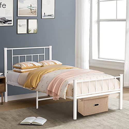 4 EVER WINNER Twin Metal Bed Frame with Headboard, Twin Metal Platform Bed Frame for Kids, No Box Spring Needed, Mattress Foundation for Storage, Easy Assembly, Noise-Free, White