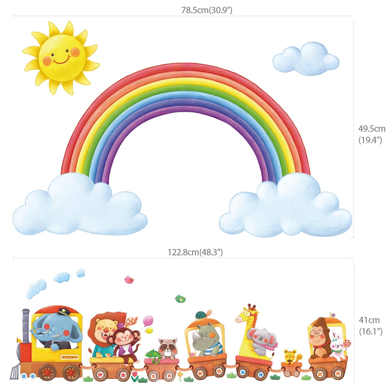 DECOWALL DA-1913P1406A Rainbow and Animal Train Kids Wall Stickers Wall Decals Peel and Stick Removable Wall Stickers for Kids Nursery Bedroom Living Room d?cor