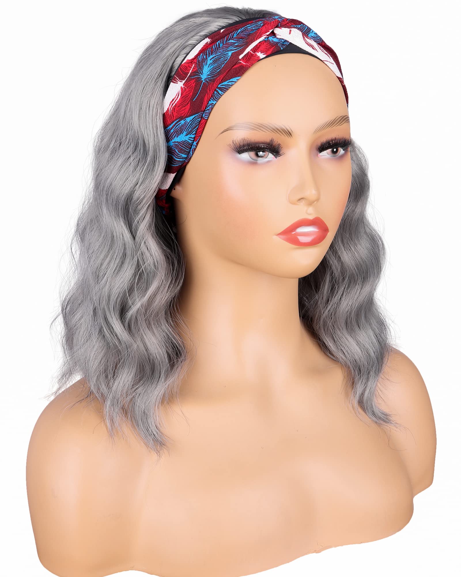 SYMEIW Silver Grey Wavy Headband Wig For Black Women Curly Half Wigs With Headband Attached Synthetic Wrap Wigs Turban Wigs For Women(Gray)…