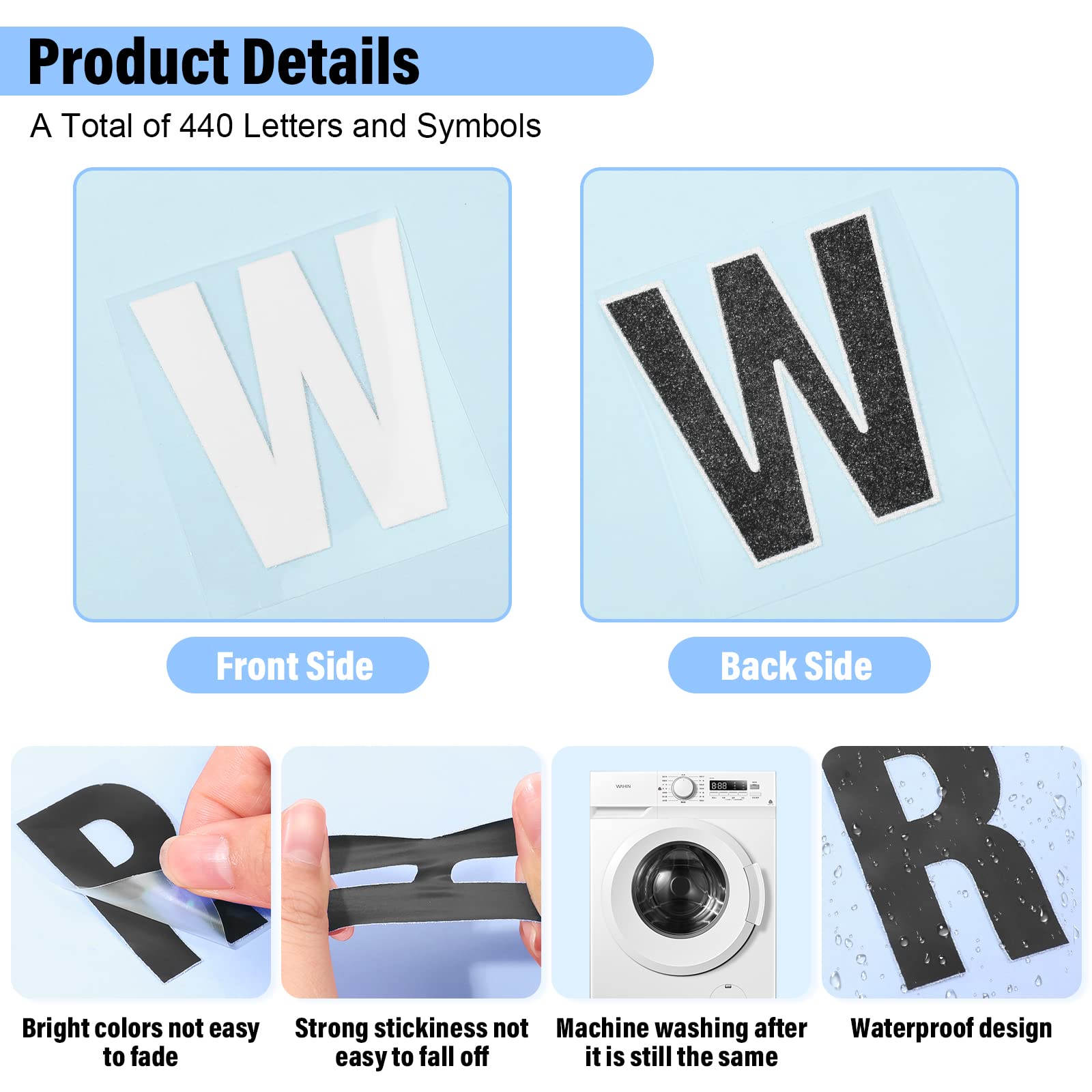 10 Sheets 440 Pieces Iron on Letters, 2 Inch Iron on Vinyl Letters, Heat Transfer Letters with A-Z PU Alphabets Sticker for Fabric, Clothing T-Shirt Printing DIY Craft