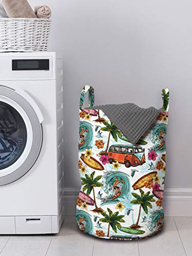 Ambesonne Ocean Organizer Fabric Hamber Basket Bag for Dorm & Laundry Room Organization Hawaiian Surfer Wavy Deep Sea Retro Palms Flowers Print Sturdy Handles Drawstring Closure 13" x 19" Multicolor