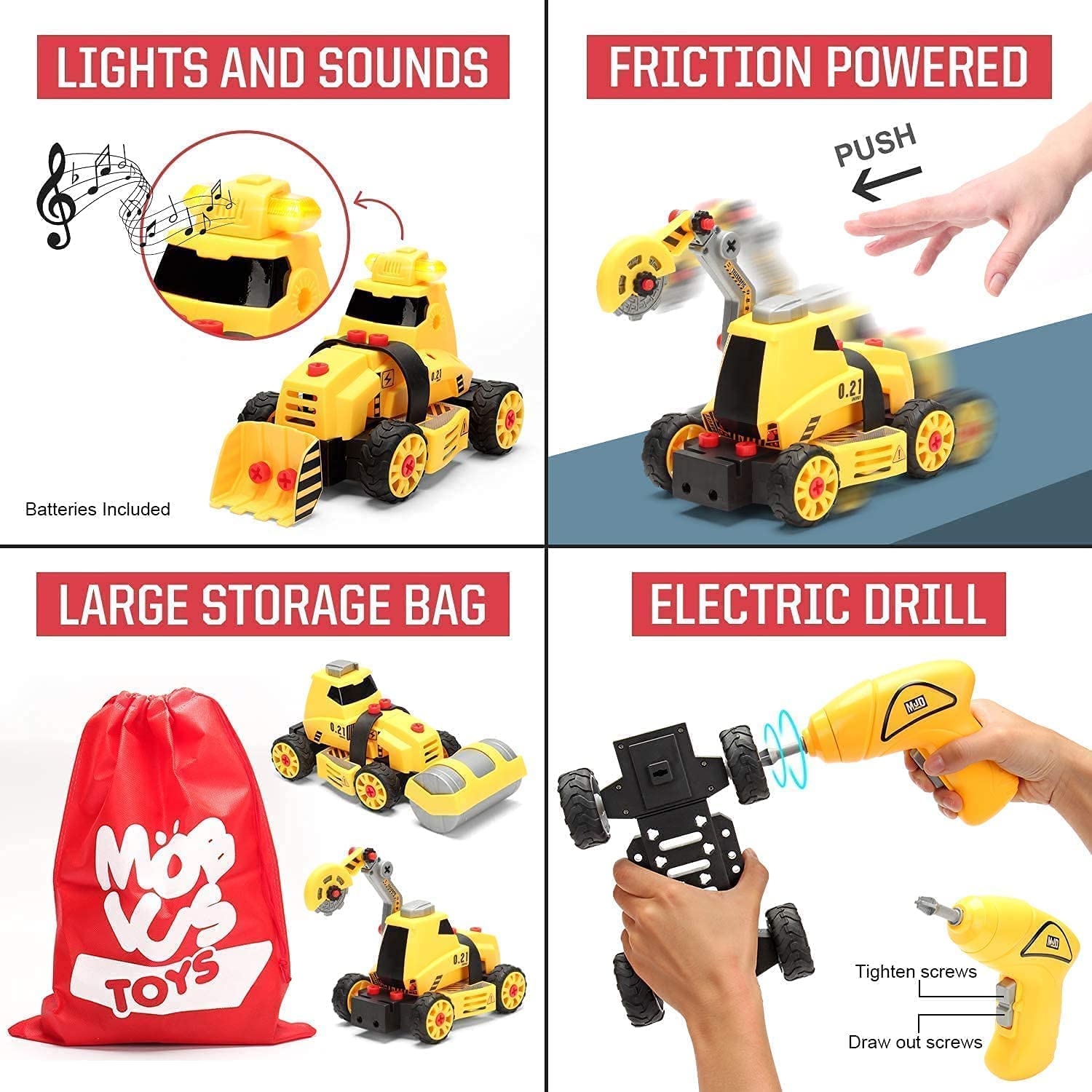 14-in-1 Take Apart Construction Toys 155pcs DIY Engineering Playset, 2 Electric Drills, Play Mat and Road Signs, Push & Go STEM Learning Bundle w/Lights, Sounds for Early Education, Boys and Girls 4+