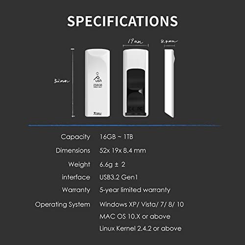 TCELL Push 128GB USB 3.2 Gen1(3.1/3.0) USB Flash Drive Read Speed up to 100MB/s, Retractable Design Memory Stick Thumb Drive, White